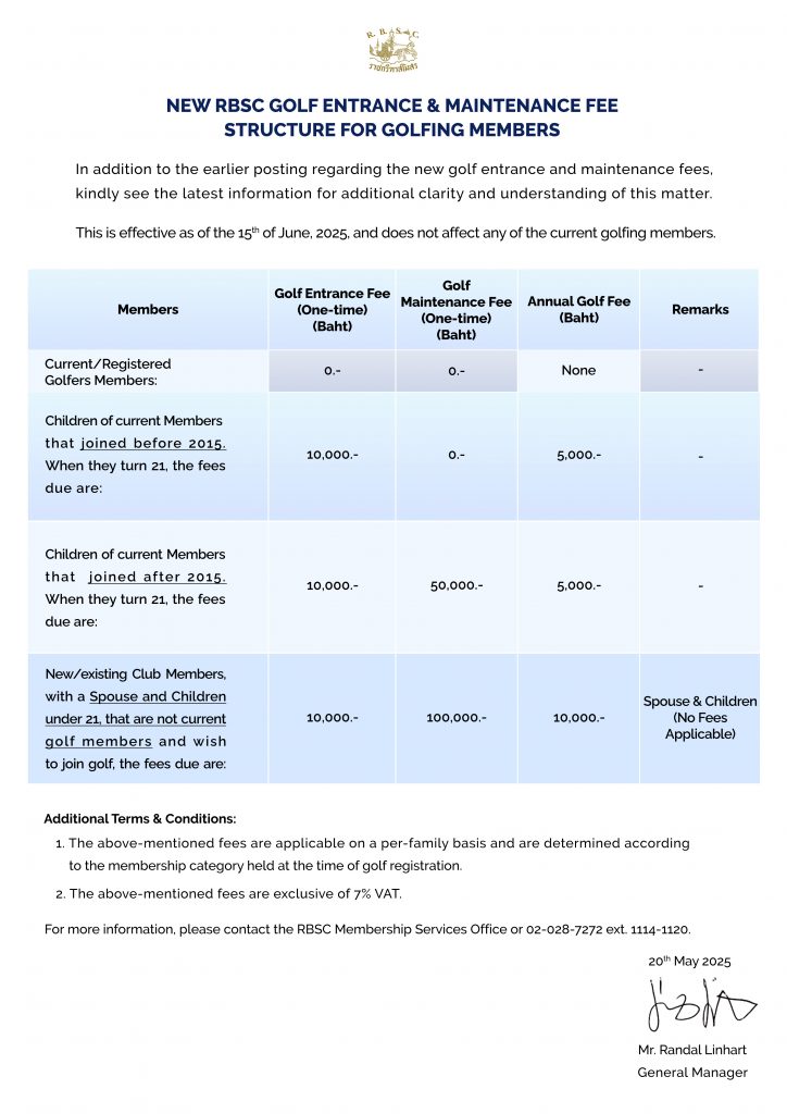 NEW RBSC GOLF ENTRANCE & MAINTENANCE FEE STRUCTURE FOR GOLFING MEMBERS ...