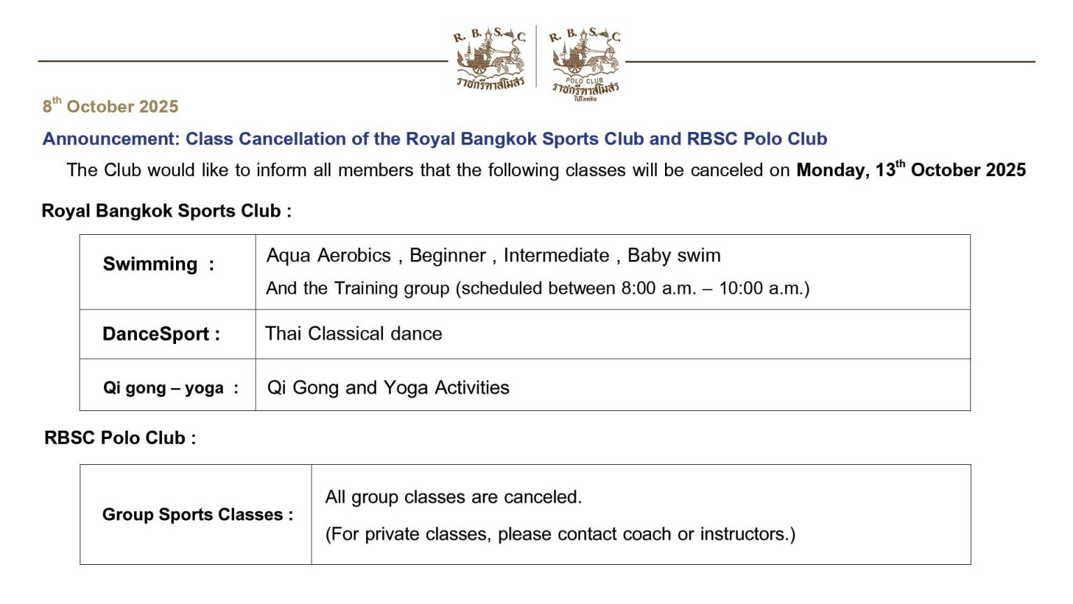Announcement :: RBSC and RBSC Polo Club Classes Cancellation – The ...