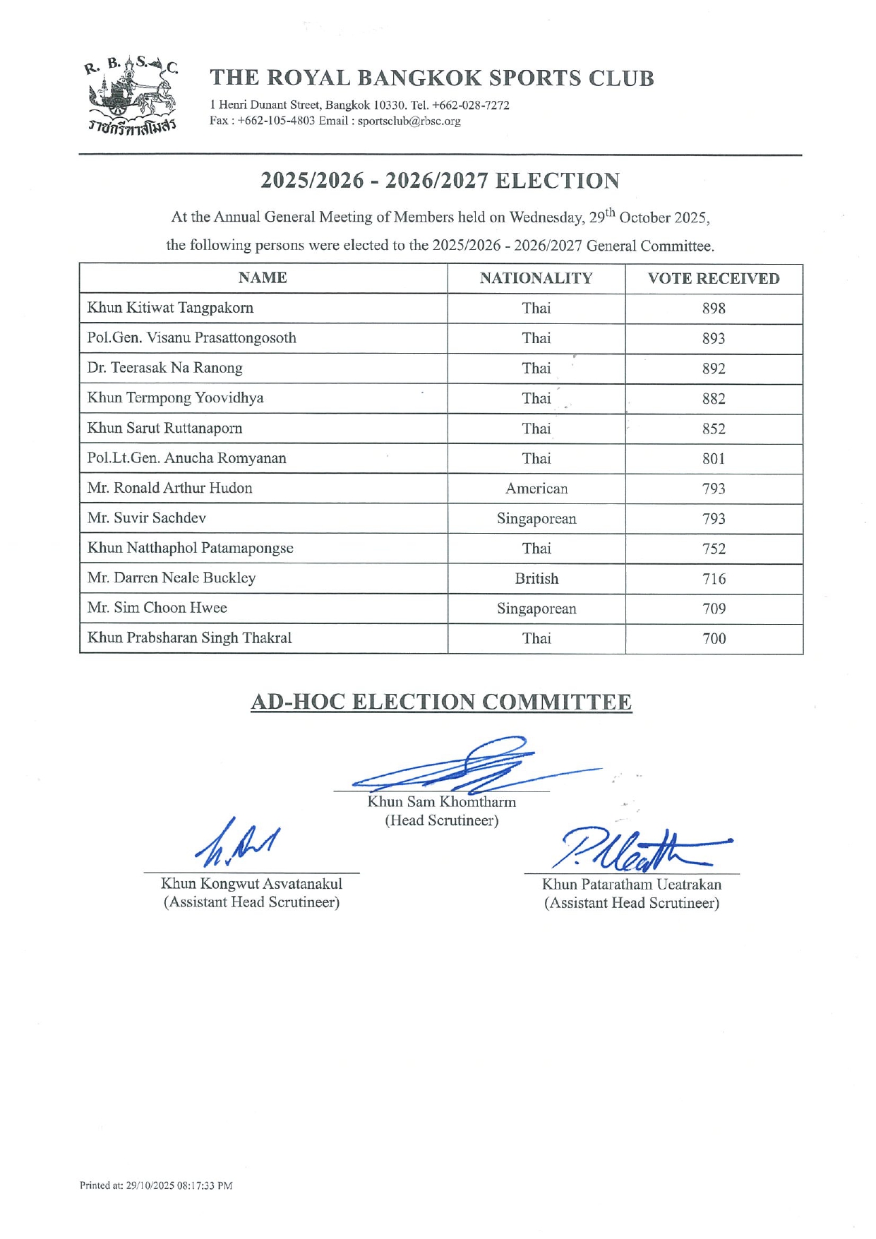 2025/2026 – 2026/2027 GENERAL COMMITTEE ELECTION RESULTS – The Royal ...